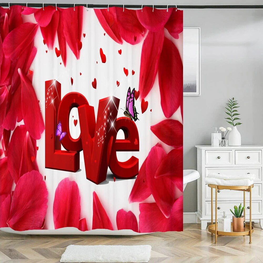 Love Romantic Red Rose Shower Curtain Set Toilet Lid Cover And Bath Mat