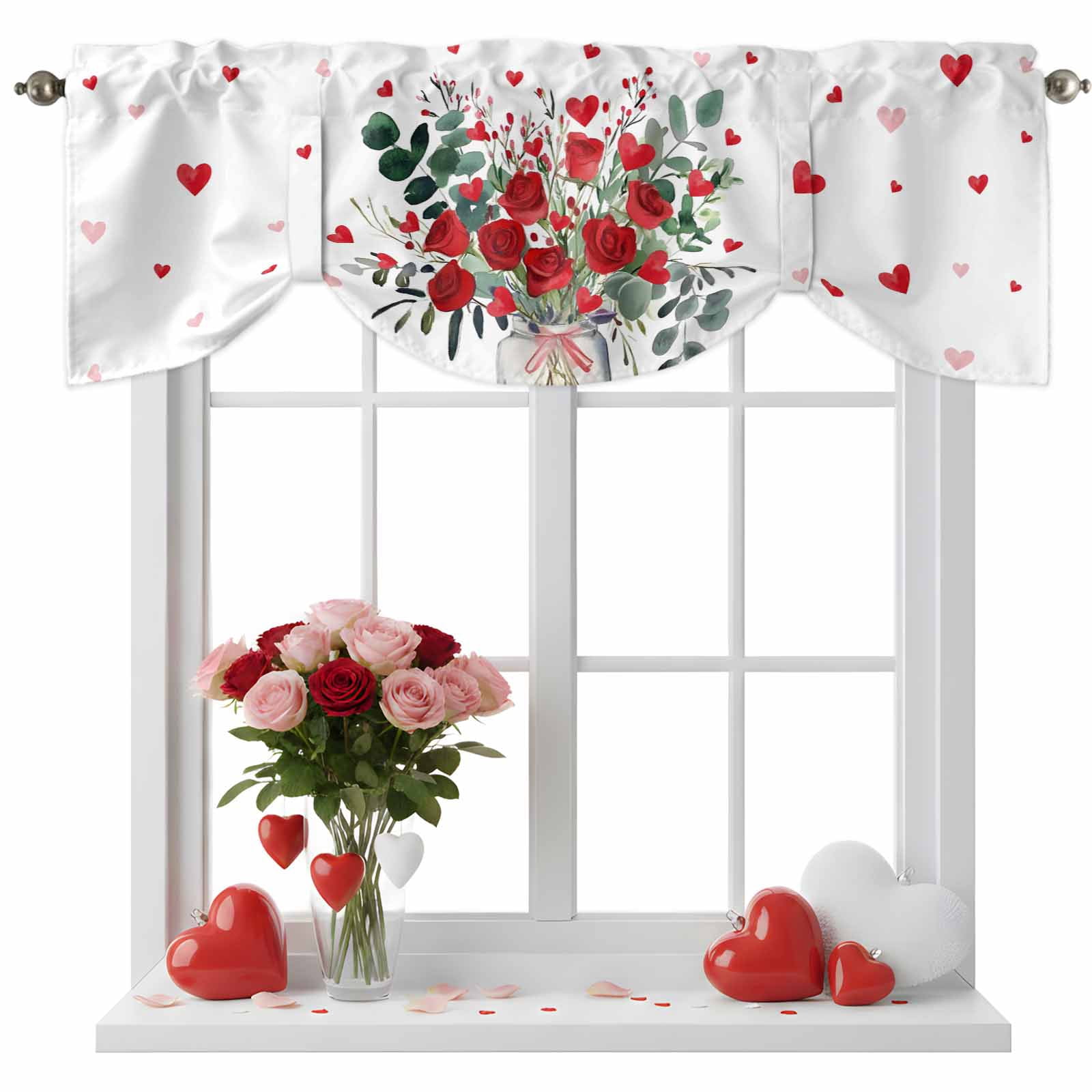 Love Rose Leaves Tie Up Valance for Windows, Valentines Day Vase ...
