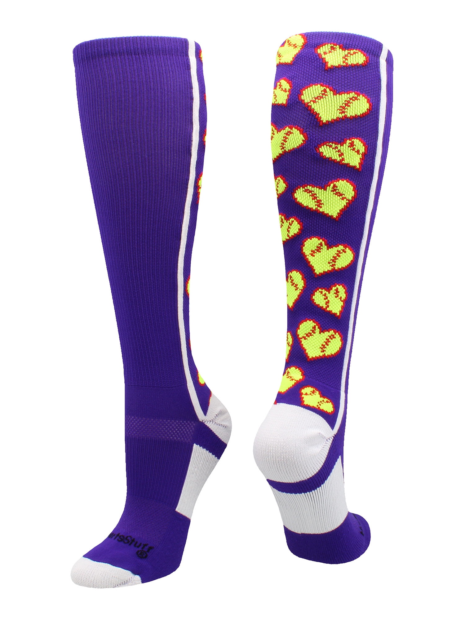 Love Softball Socks with Hearts Over the Calf (Purple/White, Small ...