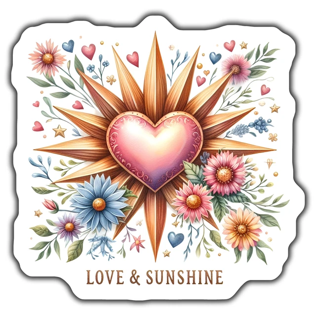 Love Sunshine Sticker, Heart And Flowers Decal, Sunburst Design Sticker ...