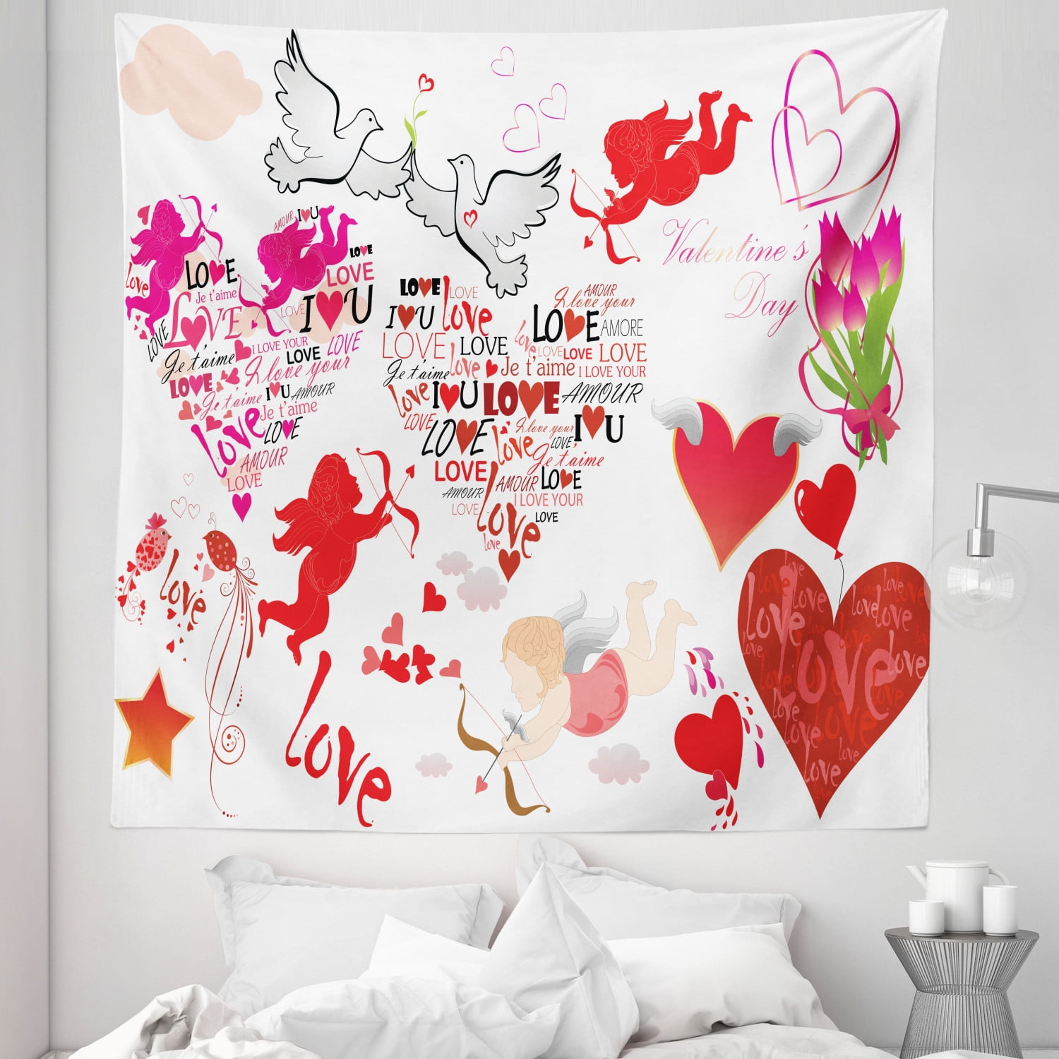 Love Tapestry, Pattern of Valentines Day Themed Cupid Silhouettes with ...