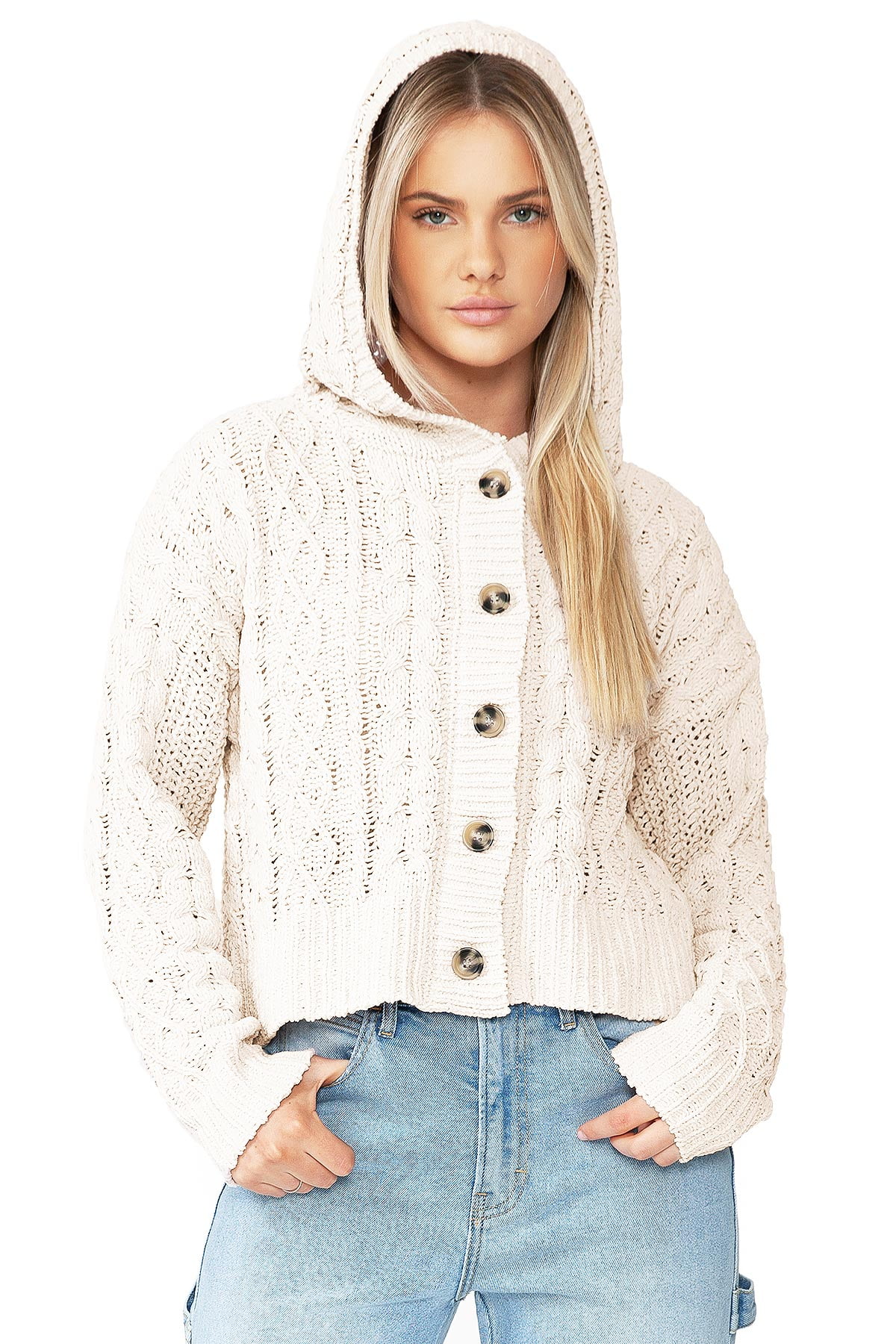 Love Tree Women's Juniors Cozy Cable Knit Hoodie Cardigan (Butter, L ...