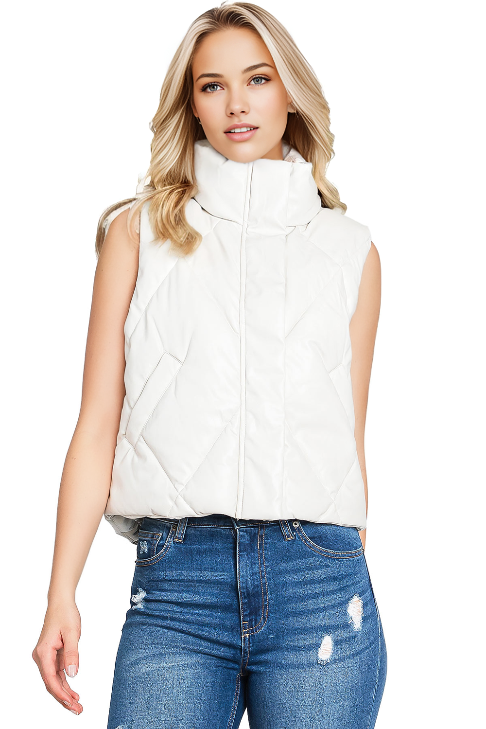 Love Tree Women's Juniors Faux Leather Puffer Vest (Medium, Off-White ...