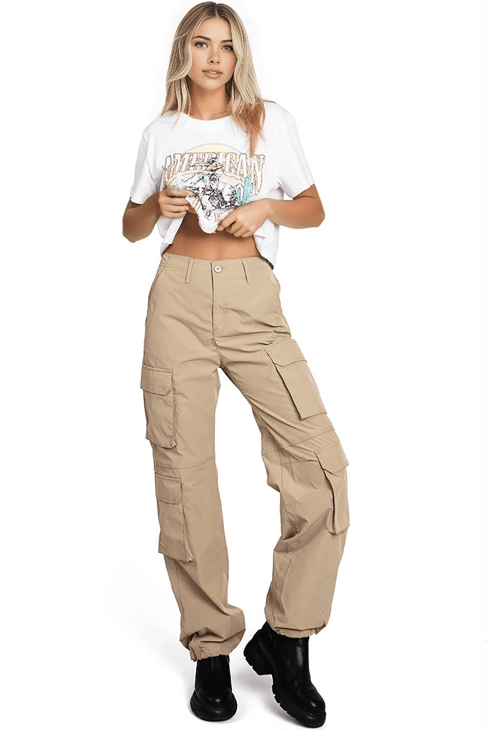 Love Tree Women's Juniors High Rise Skater Cargo Pants (Khaki, Large ...