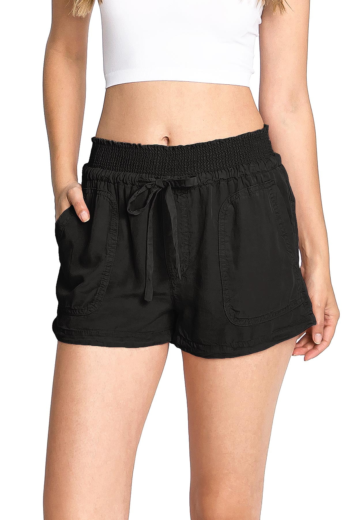 Love Tree Women's Juniors High Rise Smocked Waist Tencel Shorts (Black ...