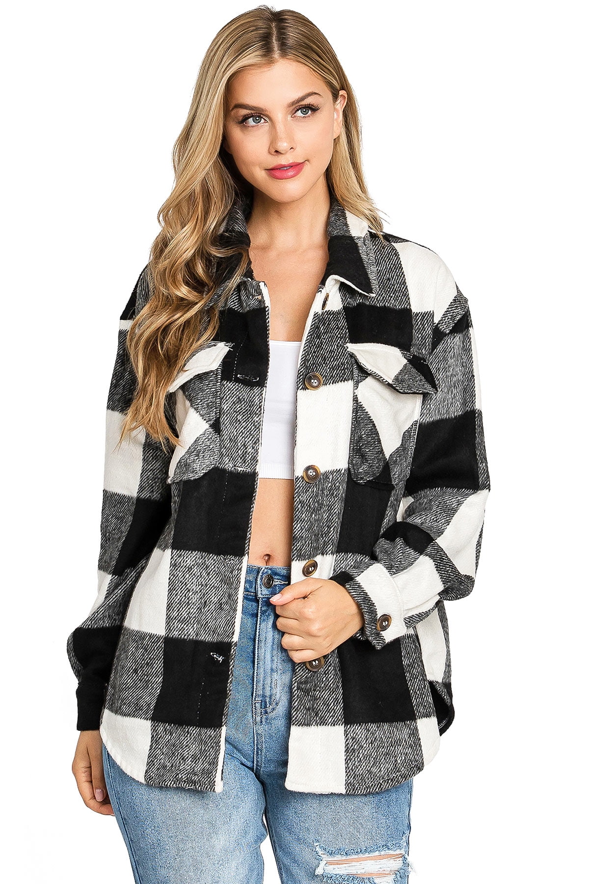 Love Tree Women's Oversize Plaid Gingham Shirt Coat Shacket (Black ...