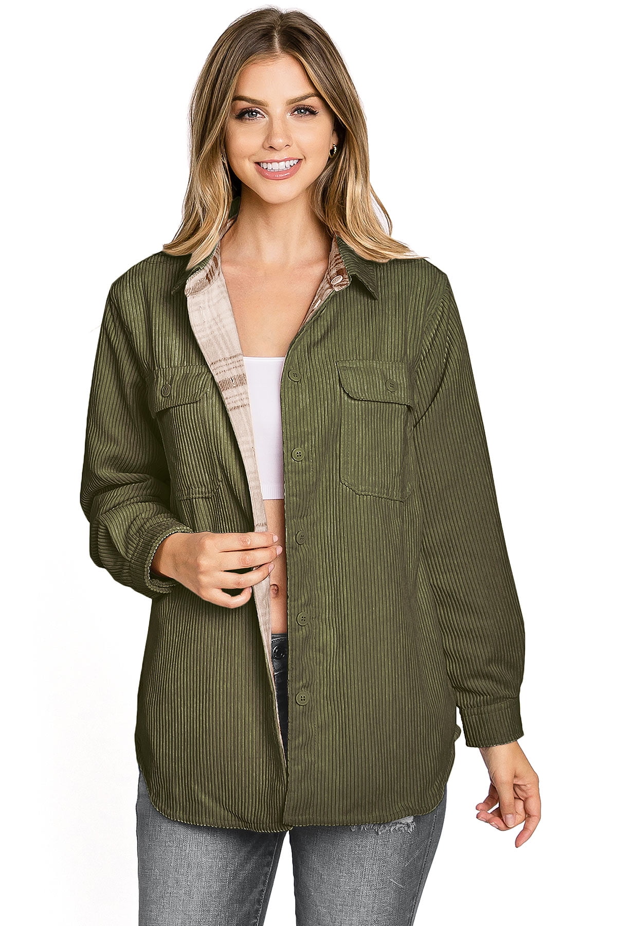 Love Tree Women's Reversible Corduroy Plaid Flannel Shacket (Olive ...