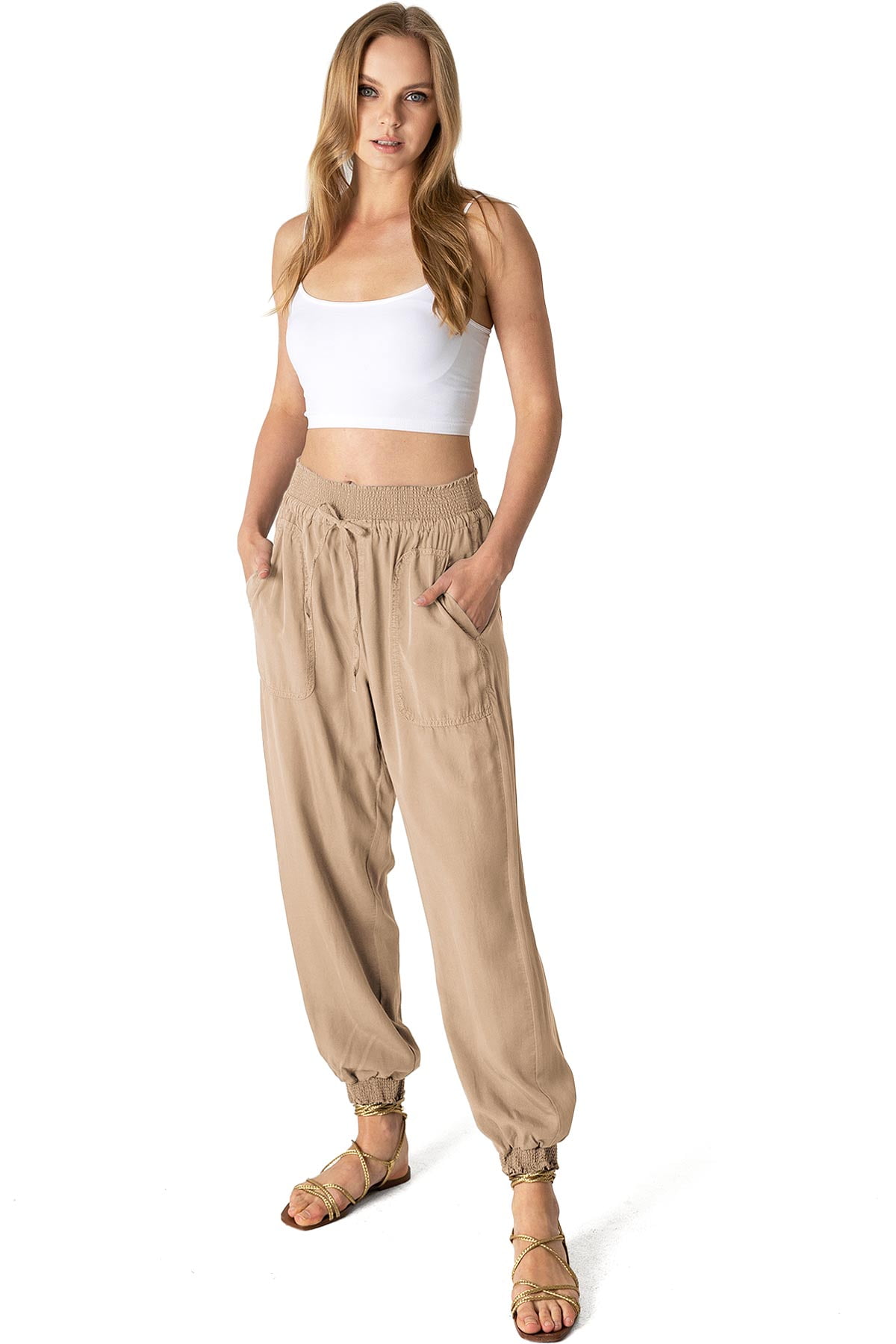 Love Tree Womens Juniors Smock Waist Light Tencel Jogger Pants (Large ...