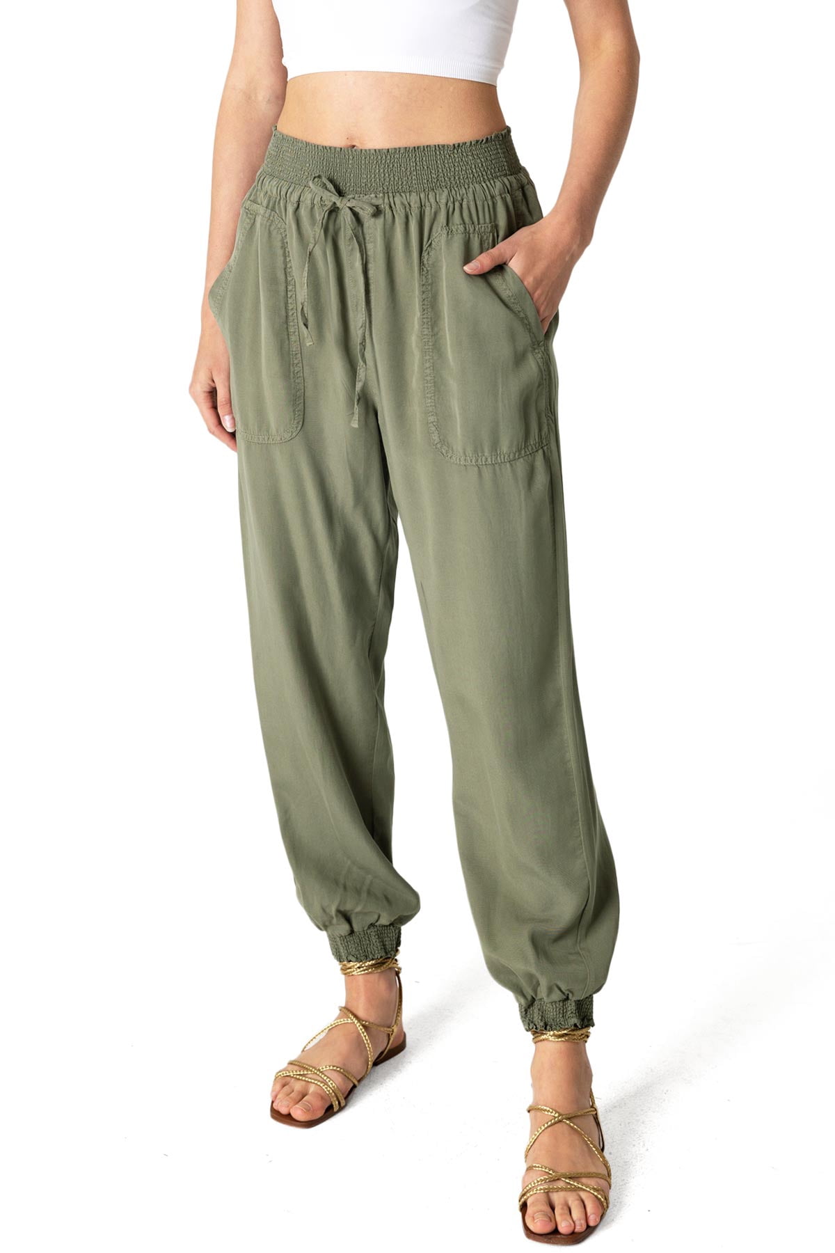 Love Tree Womens Juniors Smock Waist Light Tencel Jogger Pants (Olive ...