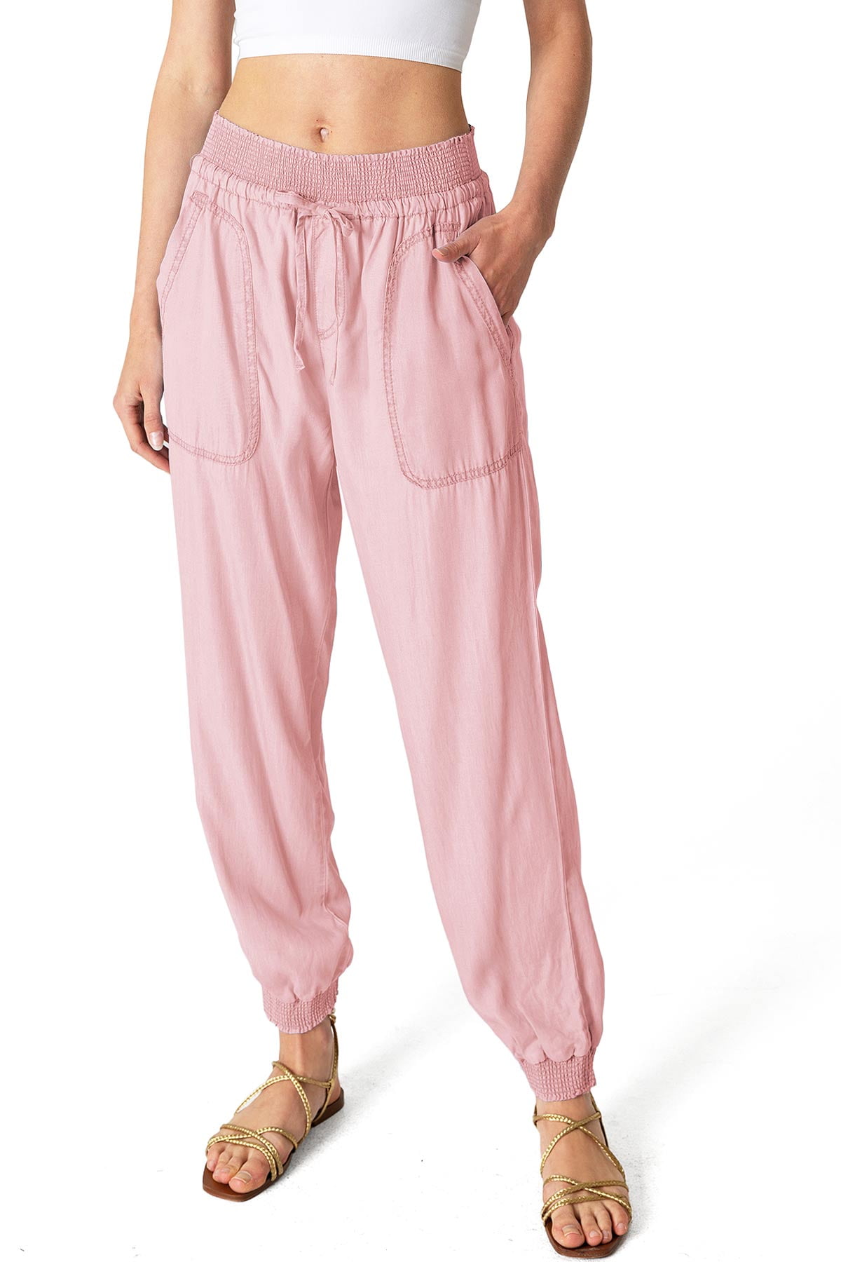 Love Tree Womens Juniors Smock Waist Light Tencel Jogger Pants (Pink ...