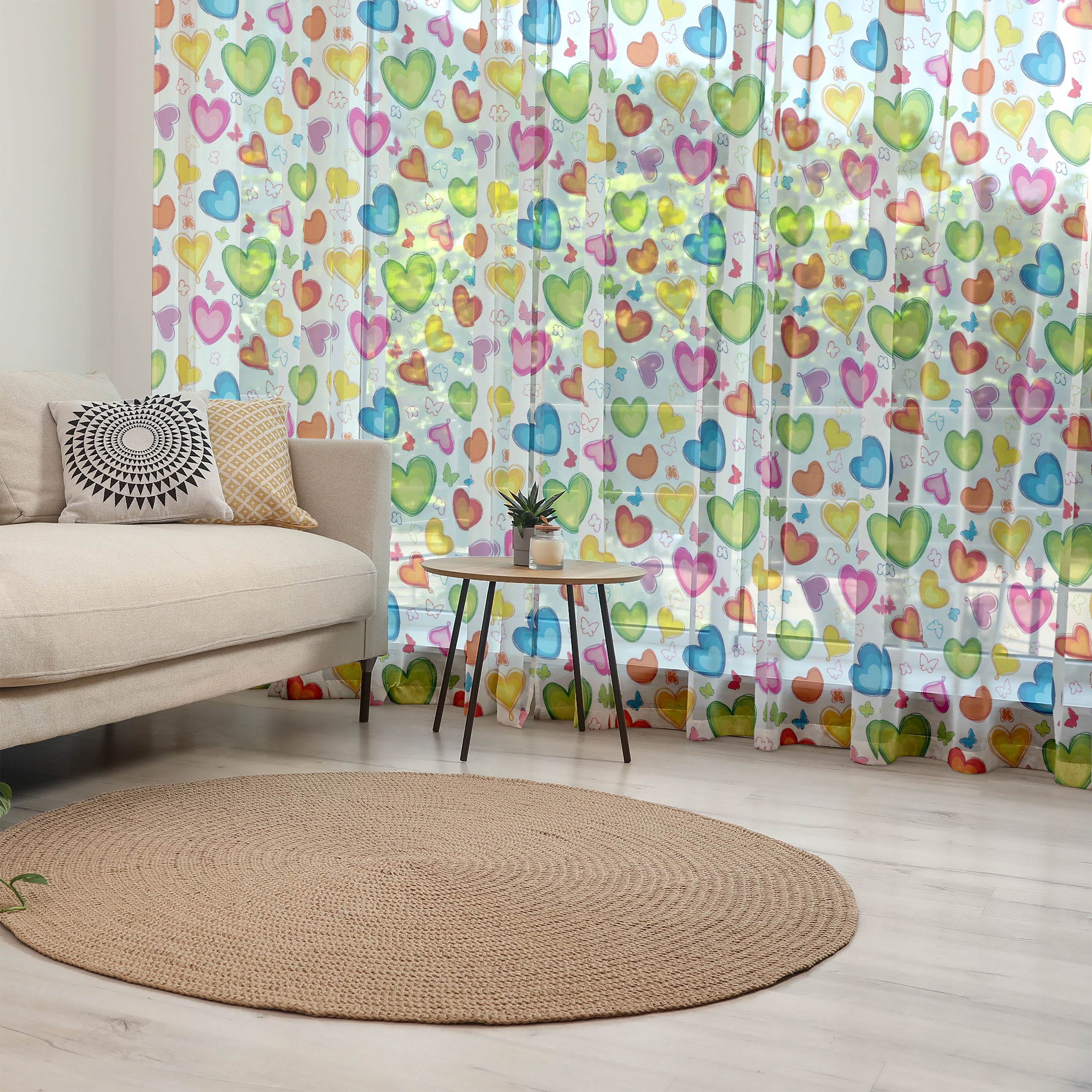 Love Tulle Curtains with Rod Pocket, Colorful Hearts and Butterflies ...