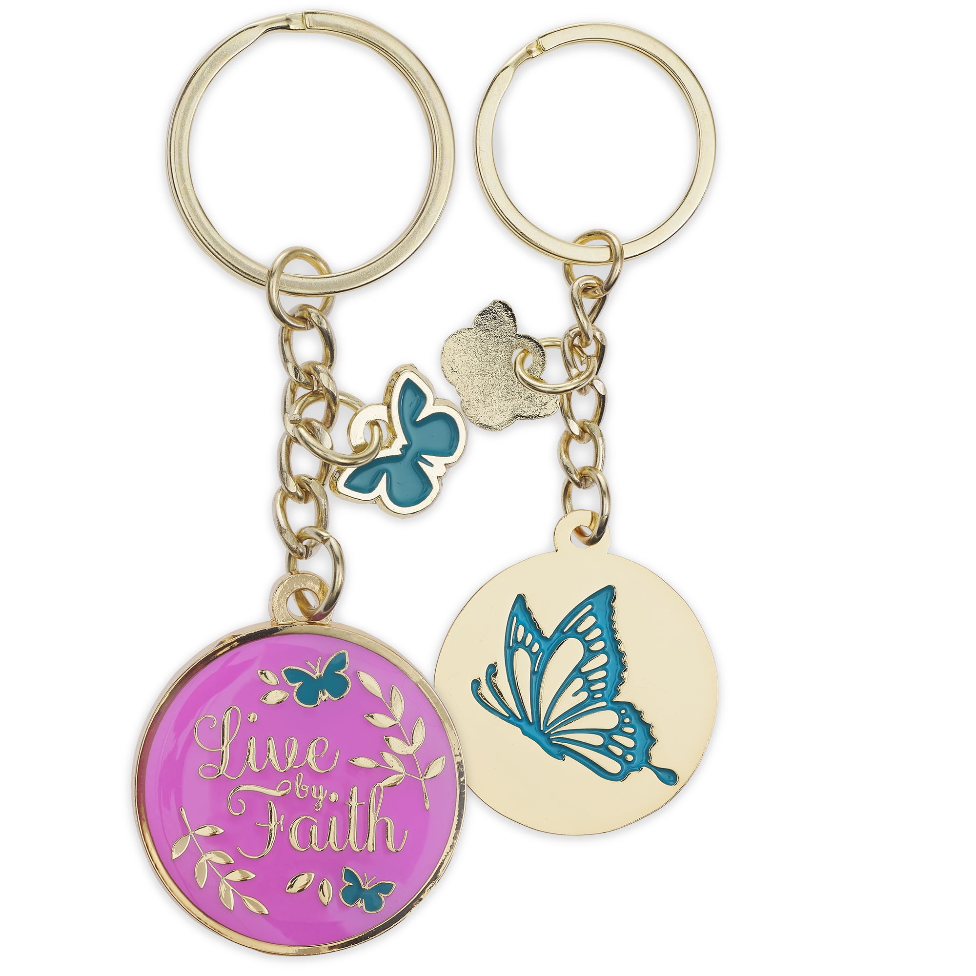With Love Women's Keychain, Live By Faith Pink w/Teal Butterfly Charm ...