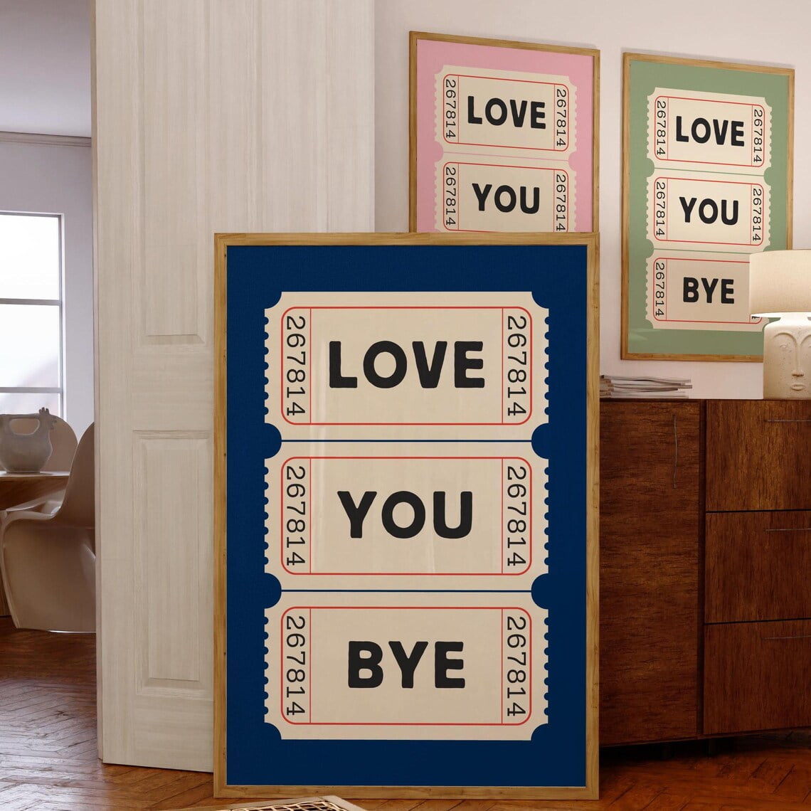 Love You Bye Retro Ticket Print, Navy Blue Hallway Wall Art, Cute Home ...
