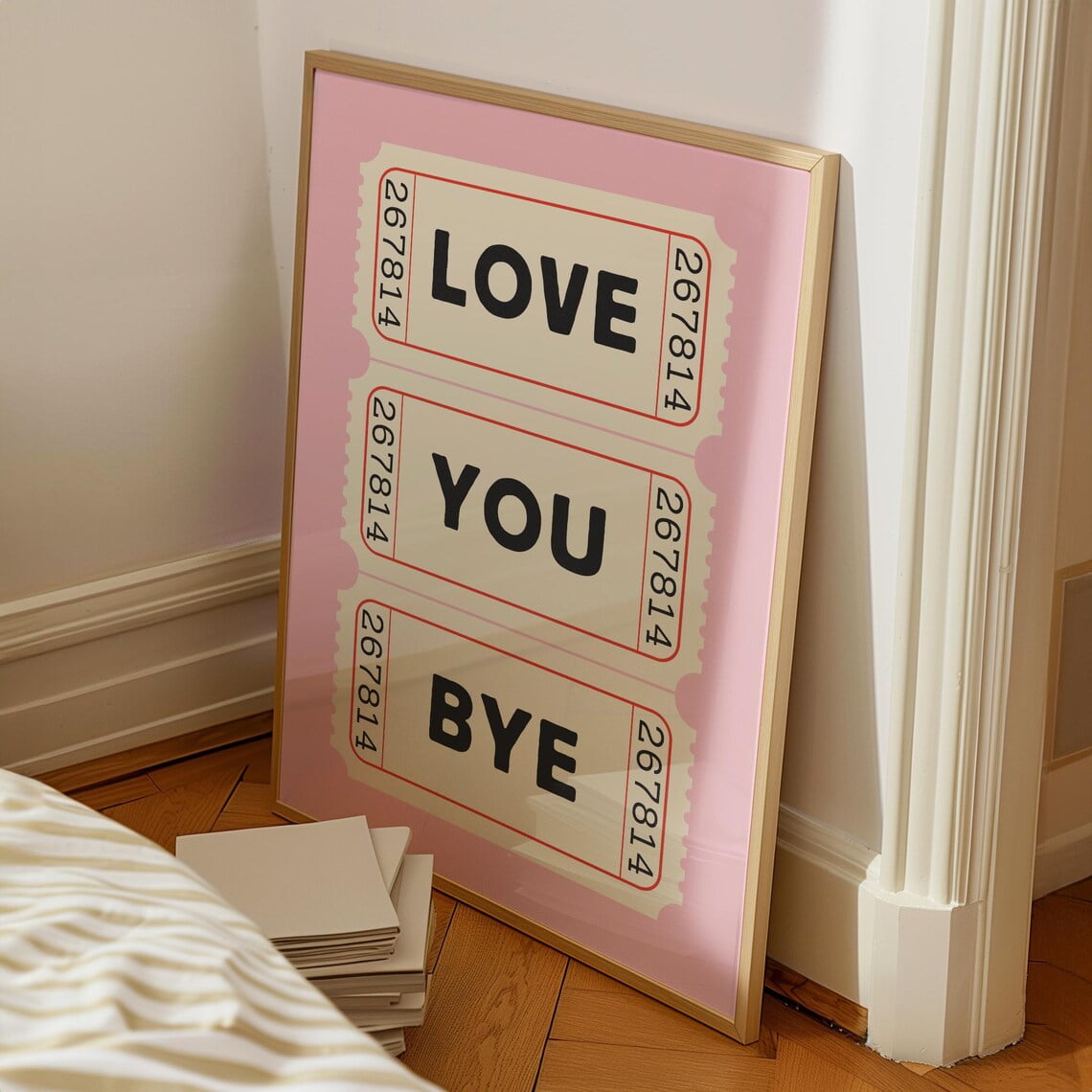 Love You Bye Retro Ticket Print, Pink Hallway Wall Art, Cute Home Decor ...