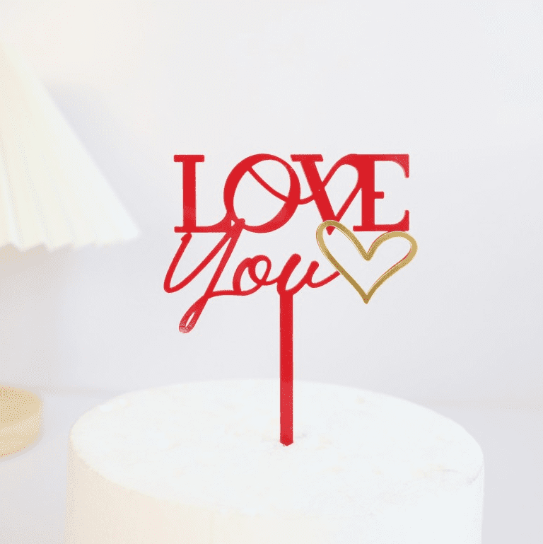 Love You Cake Topper, Red and Gold Acrylic, Heart Accent, Valentine's ...