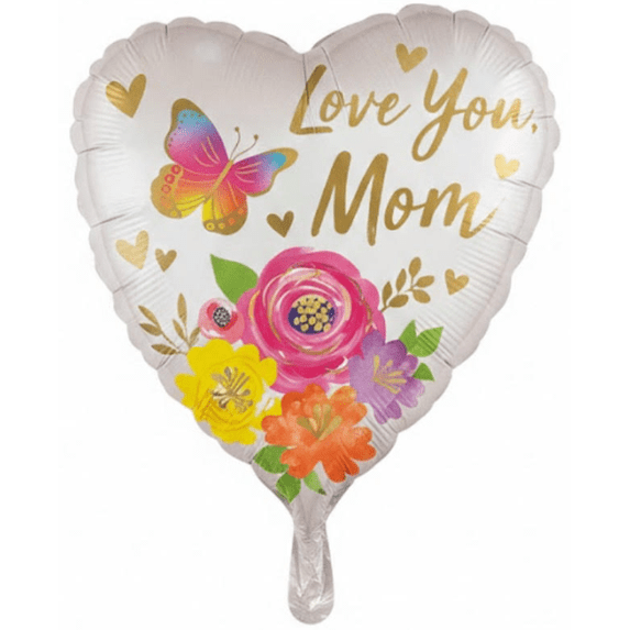 Love You Mom Heart-Shaped Foil Balloon – Floral & Butterfly Design ...