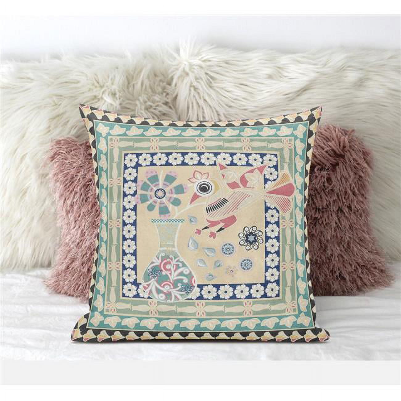 Love Your Vase Peacock Indoor/Outdoor Pillow in Beige Green Pink 26x26 ...