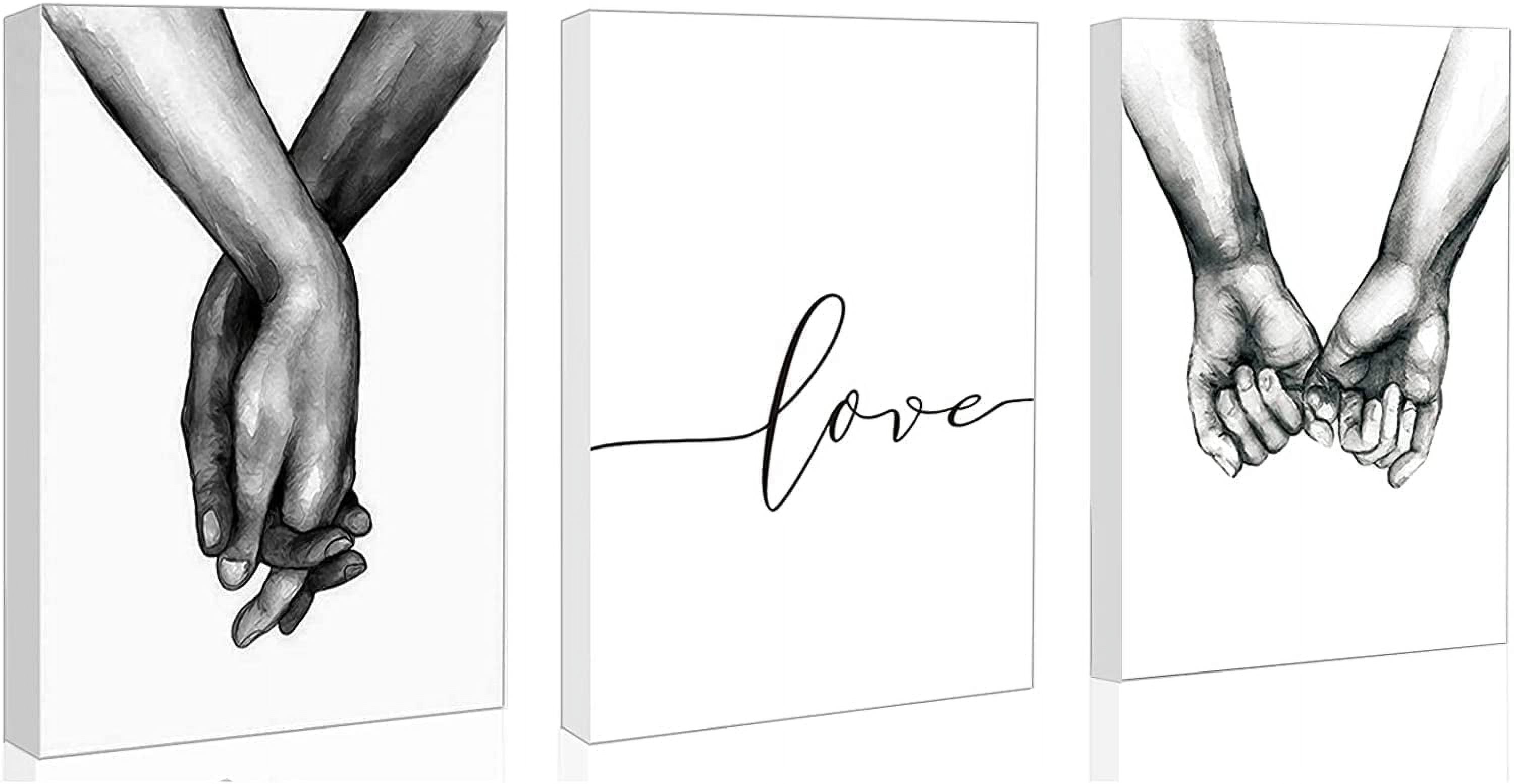 Love & Hand in Hand Wall Art Canvas Print, B&W Sketch, Home Decor (Set ...
