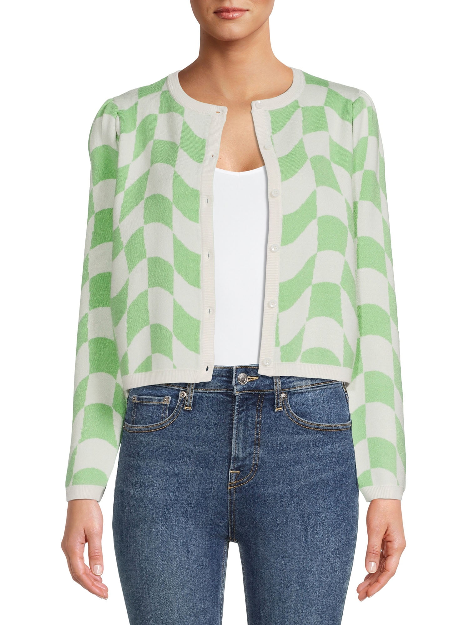 Love by Design Juniors Knitted Cropped Retro Check Cardigan Sweater ...