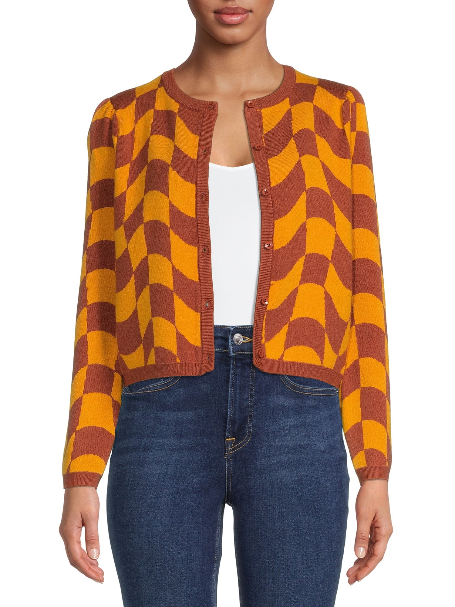 Love by Design Juniors Cropped Retro Check Cardigan Sweater - Walmart.com