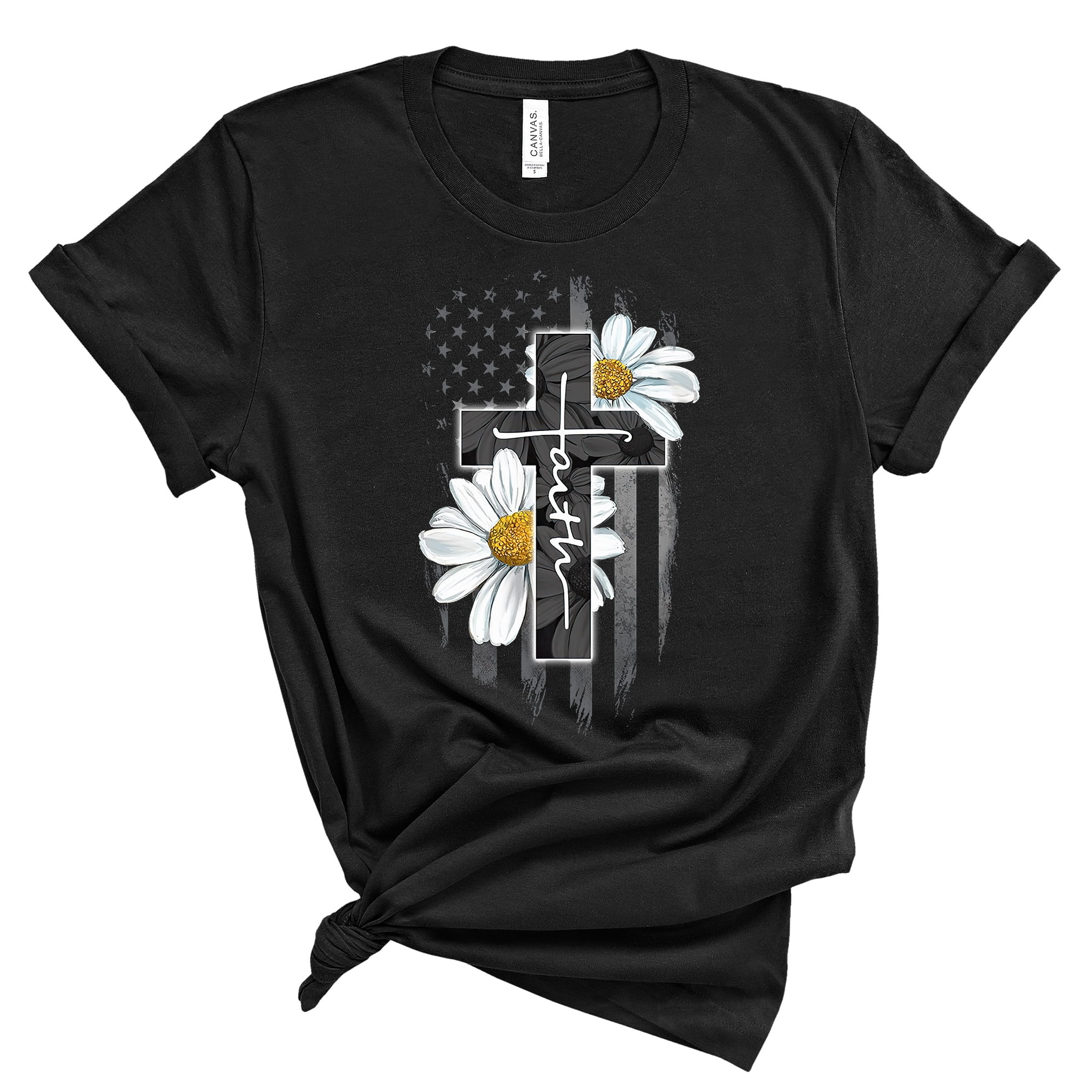 Love in Faith | Faith Flag Daisy Short Sleeve | Black | Christian T ...
