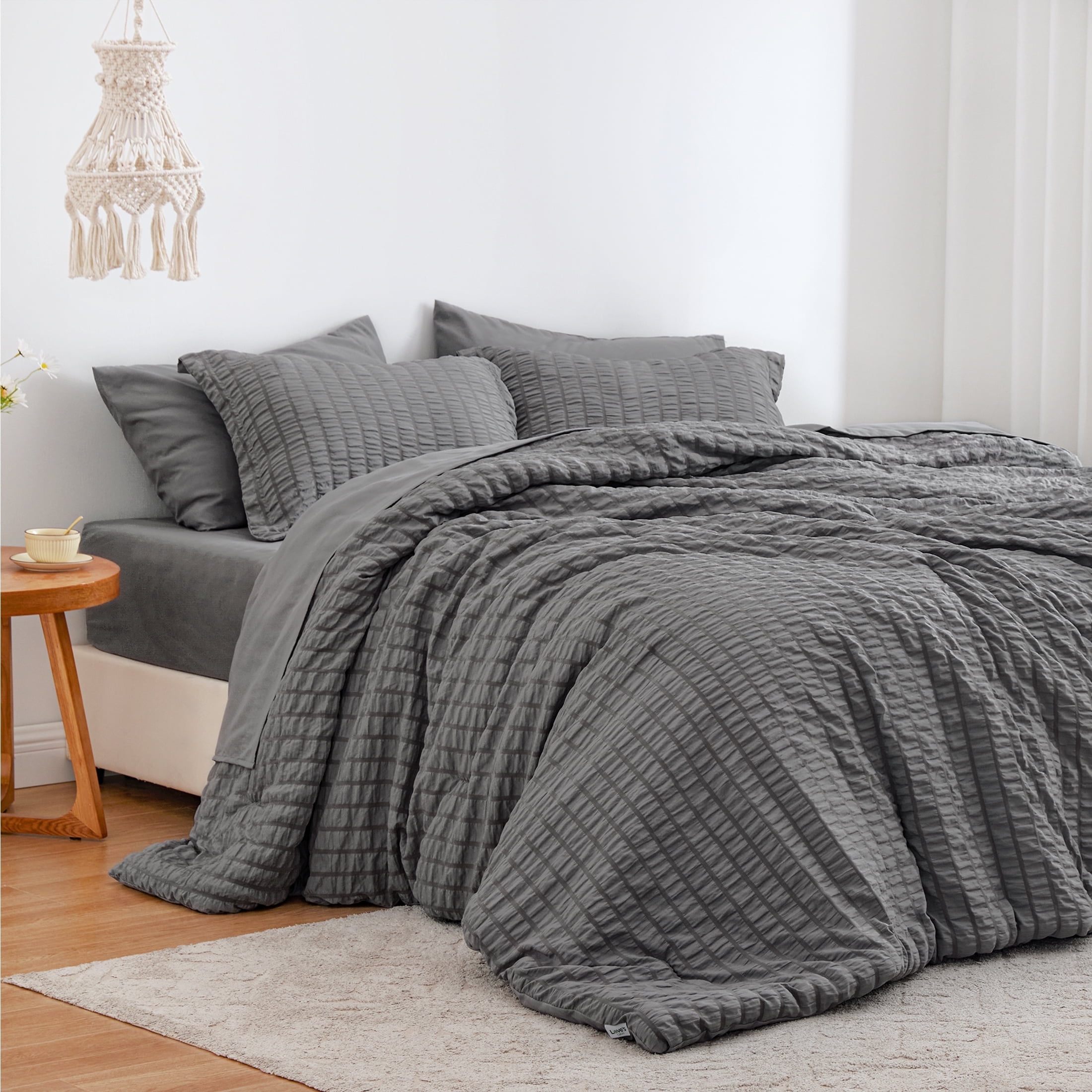 Love's cabin Seersucker King Comforter Set 7-Piece All Season Bedding ...