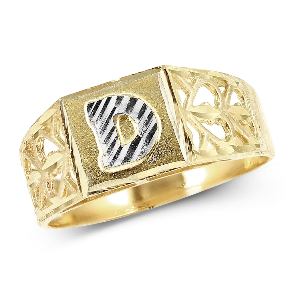 LoveBling 10K Yellow Gold Diamond Cut Ladies Alphabet Initial Ring ...
