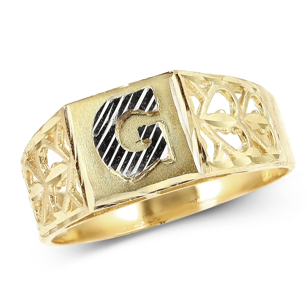 LoveBling 10K Yellow Gold Diamond Cut Ladies Alphabet Initial Ring ...
