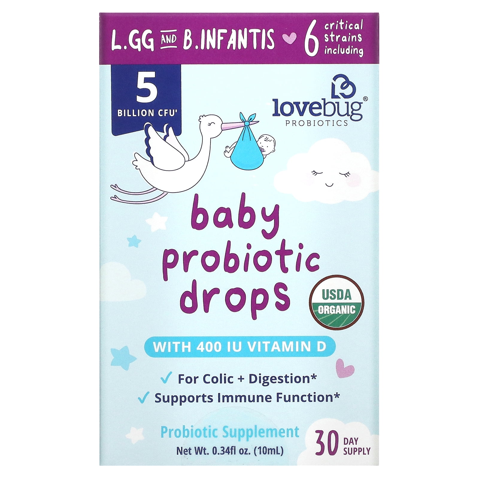 LoveBug Probiotics, Baby Probiotic Drops, 5 Billion CFU, 0.34 fl oz (10 ...