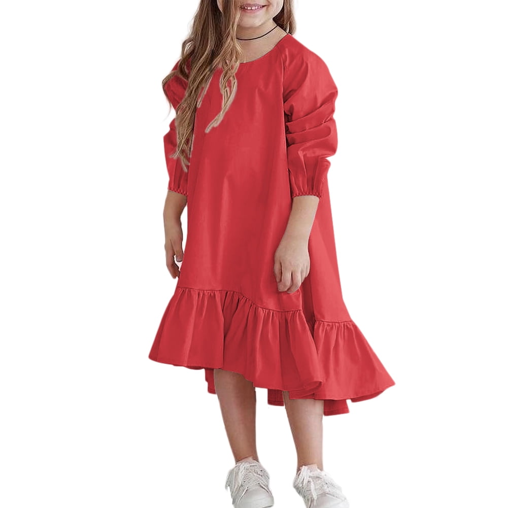 Lovebay Big Girls Long Sleeve Loose Swing Ruffle High Low Dress Red ...