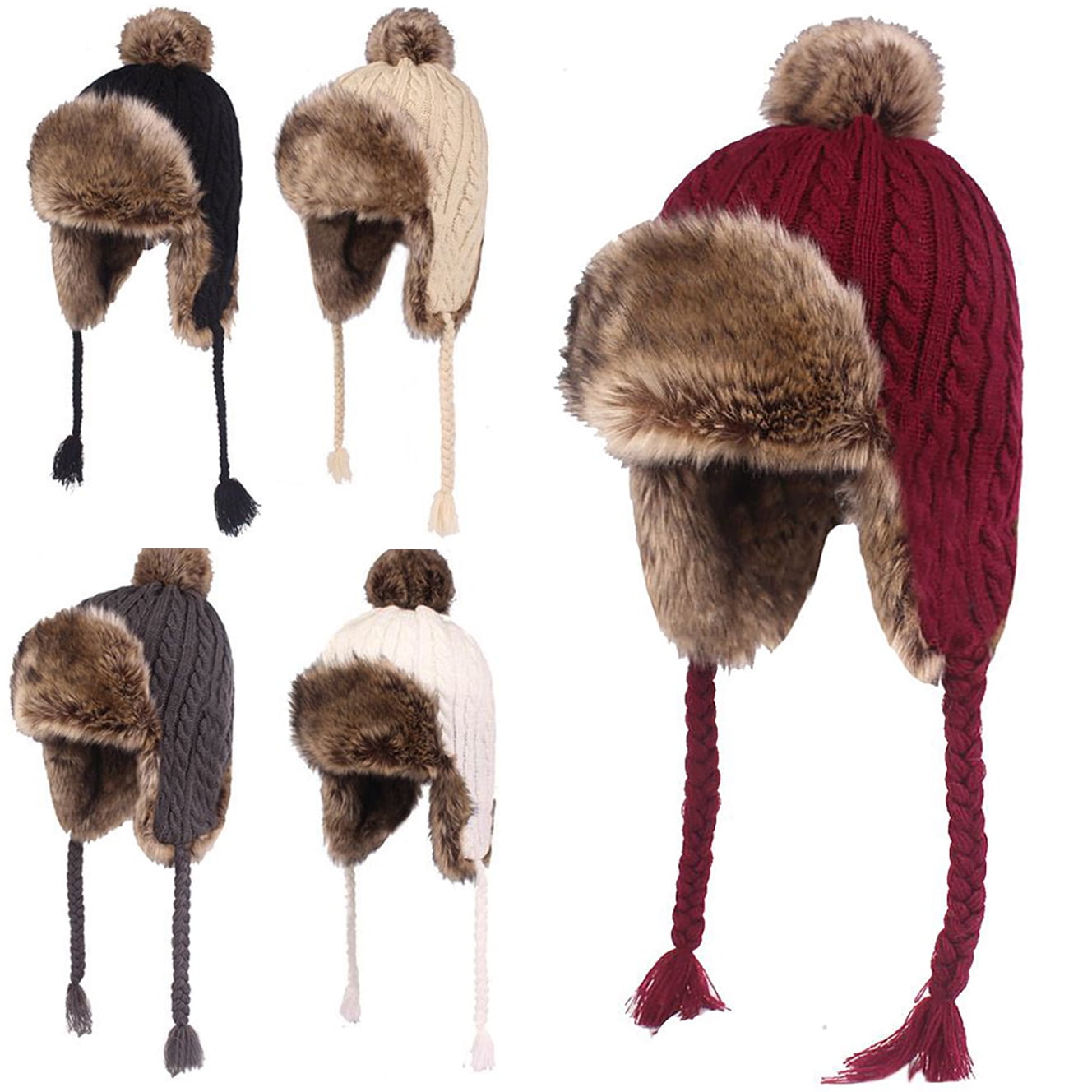 Lovebay Womens Winter Knitted Ushanka Hat, Ear Flaps Windproof with Pom ...