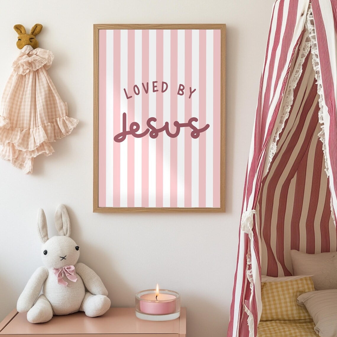 Loved By Jesus Wall Art Christian Nursery Print Pink Stripe Jesus ...
