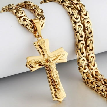 14K Yellow Gold Catholic Jesus Cross Pendant Necklace for Women Men ...