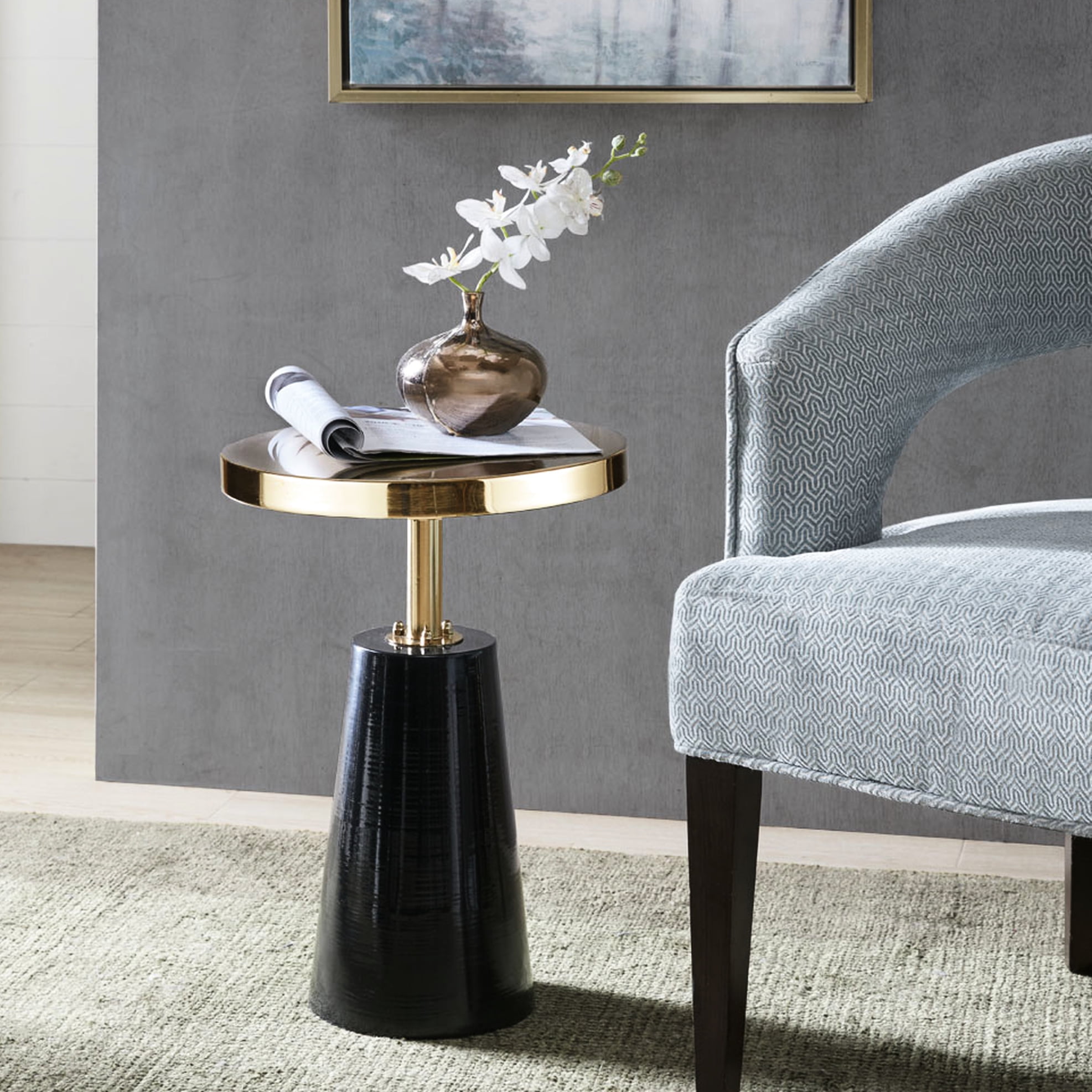 Lovely Accent Table - 14.27" Round, Black Metal High Gloss Pedestal ...