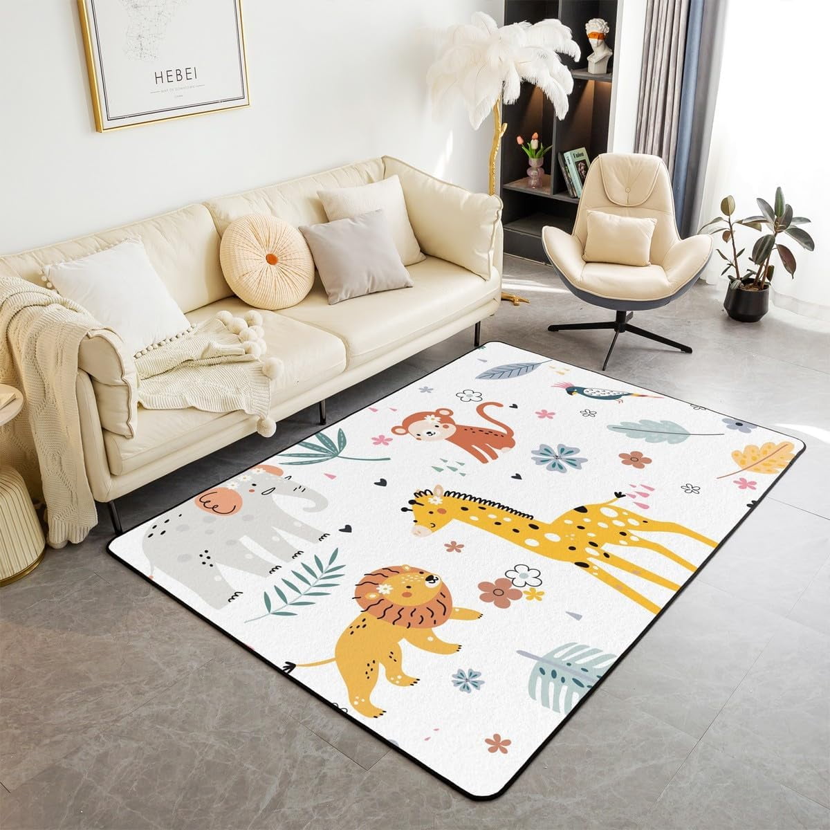 Lovely Animals Rug ,Cute Elephant Zebra And Giraffe Decor Area Rug For ...