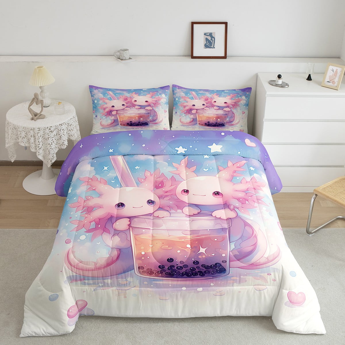 Lovely Axolotl Comforter Set Full Size,Milk Tea Starry Sky Dreamy ...