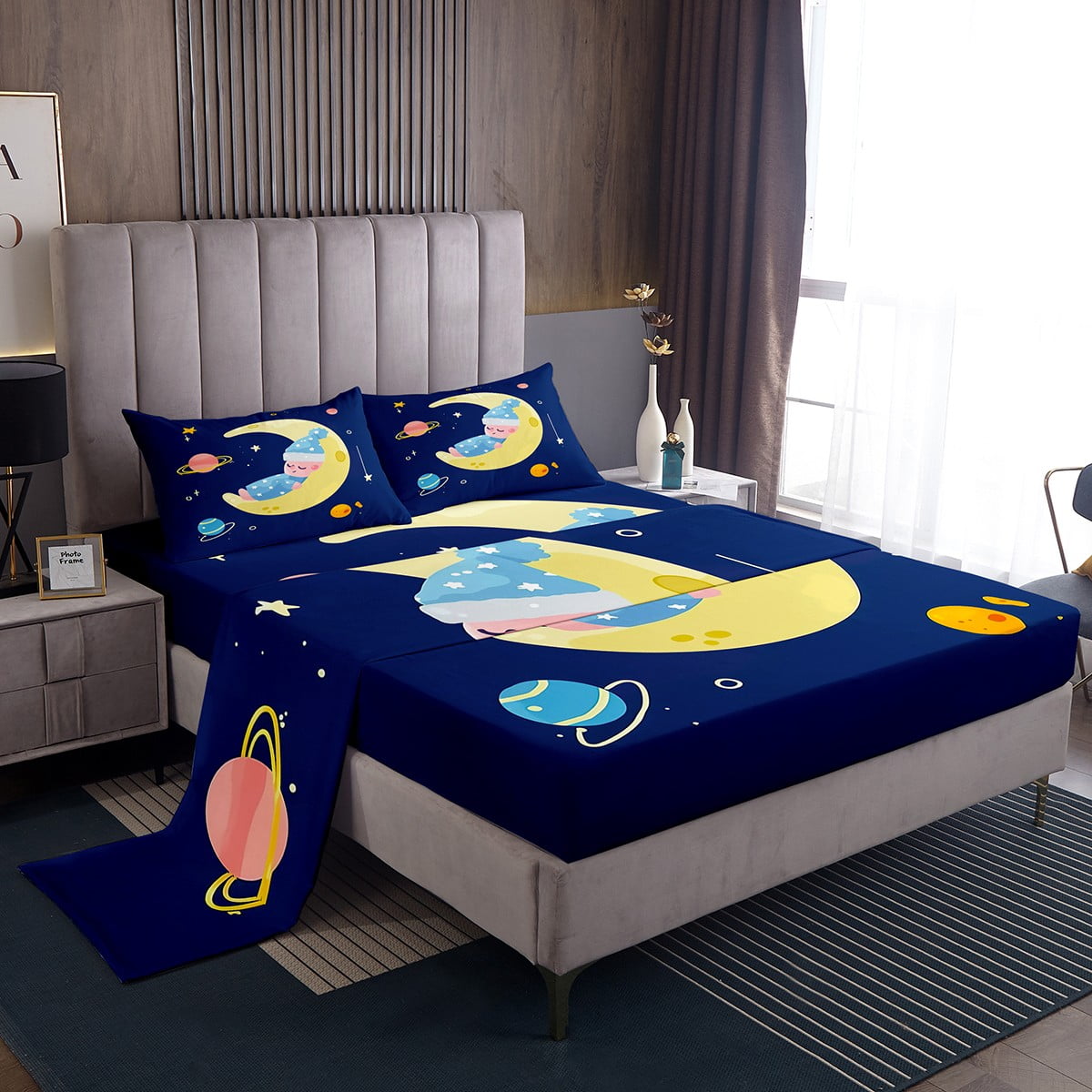 Lovely Bed Sheets Set Twin Size,Cartoon Moon Planets Sheet Set for ...