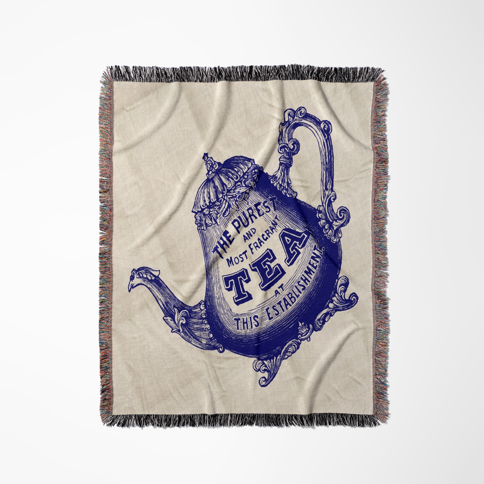 Lovely Blue Teapot Woodcut On Quilted Effect Background, Woven Blanket ...