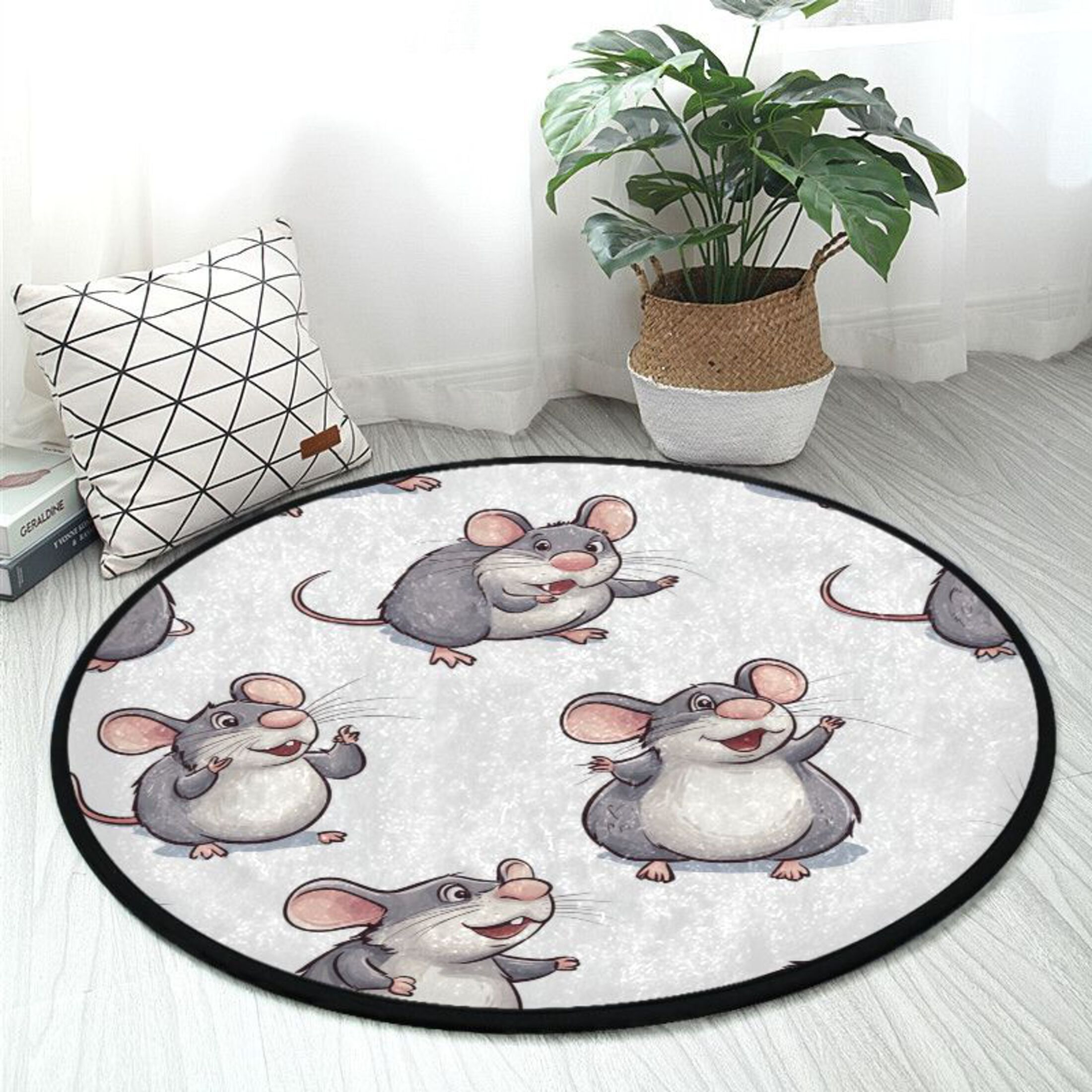 Lovely Cartoon Rat Round Plush Floor Mat，36.2×36.2in Arctic Pile Single ...