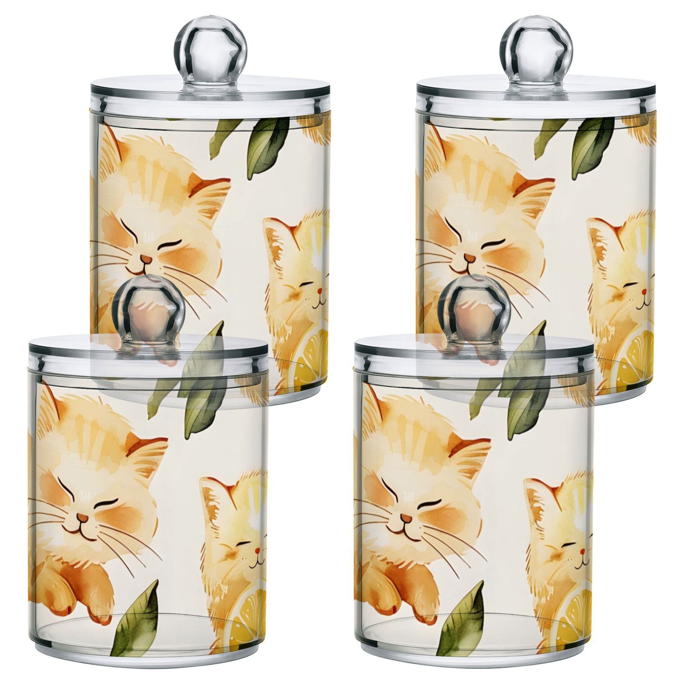 Lovely Cats with Lemons Leaves Watercolor Translucent Plastic Cans ...