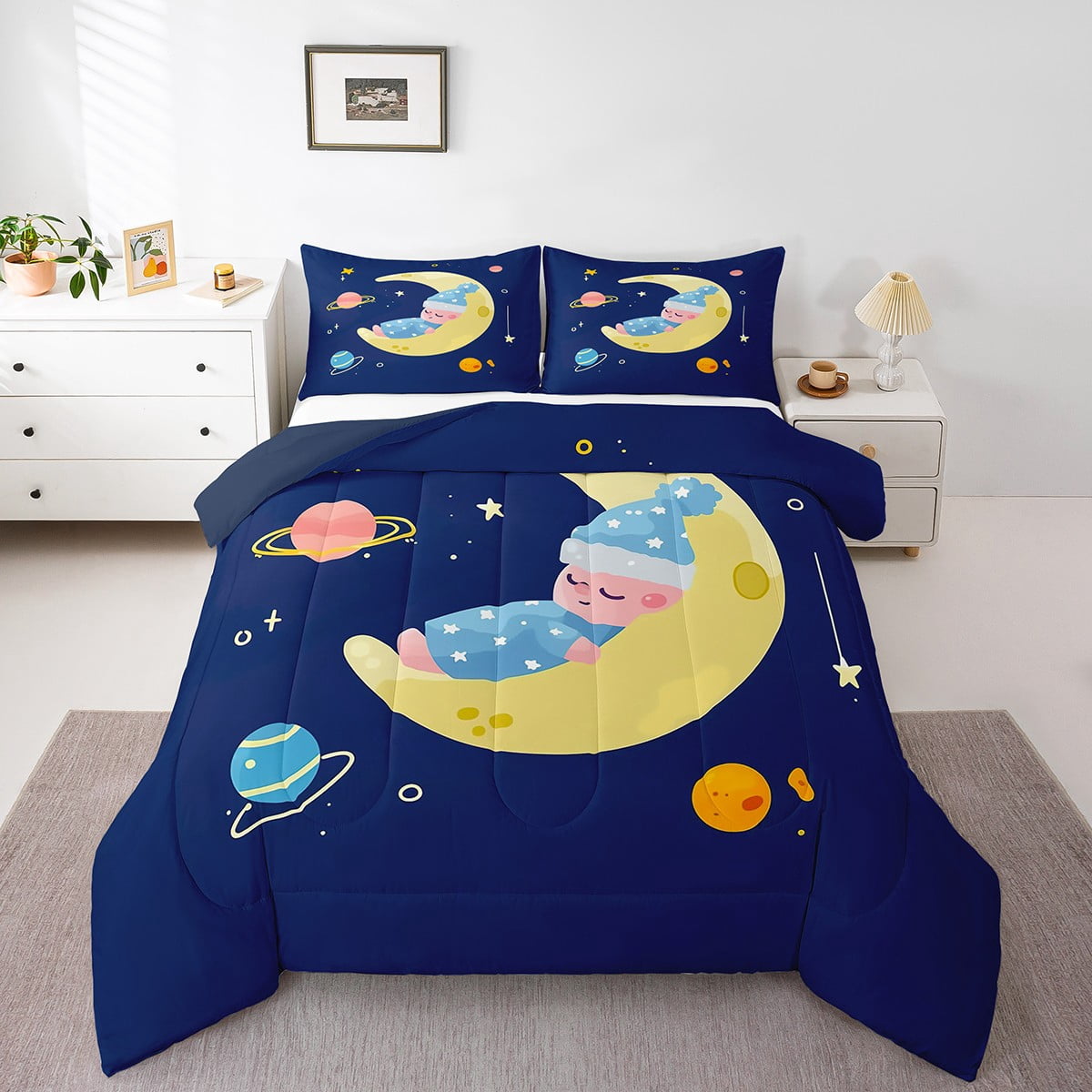 Lovely Comforter Sets Twin Size,Cartoon Moon Planets Bedding Set Teens ...