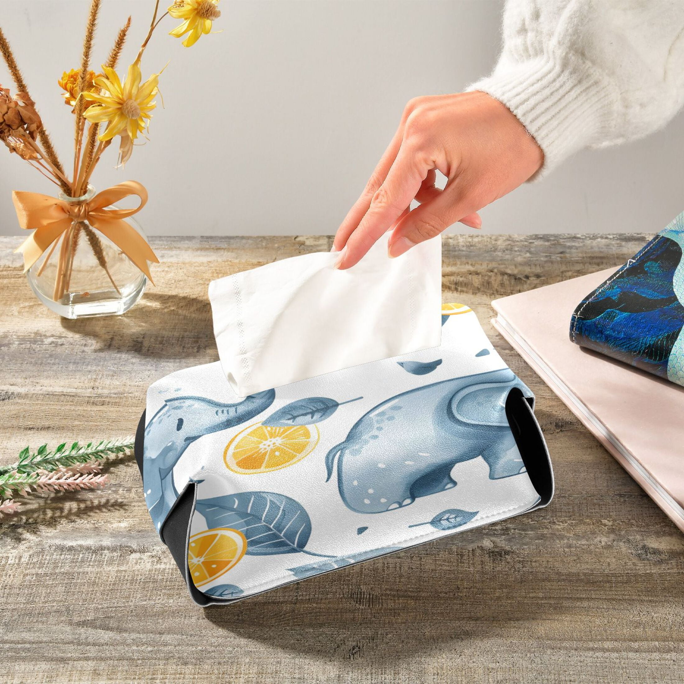 Lovely Elephants Leaves Lemons Leather Tissue Box Cover Rectangle ...