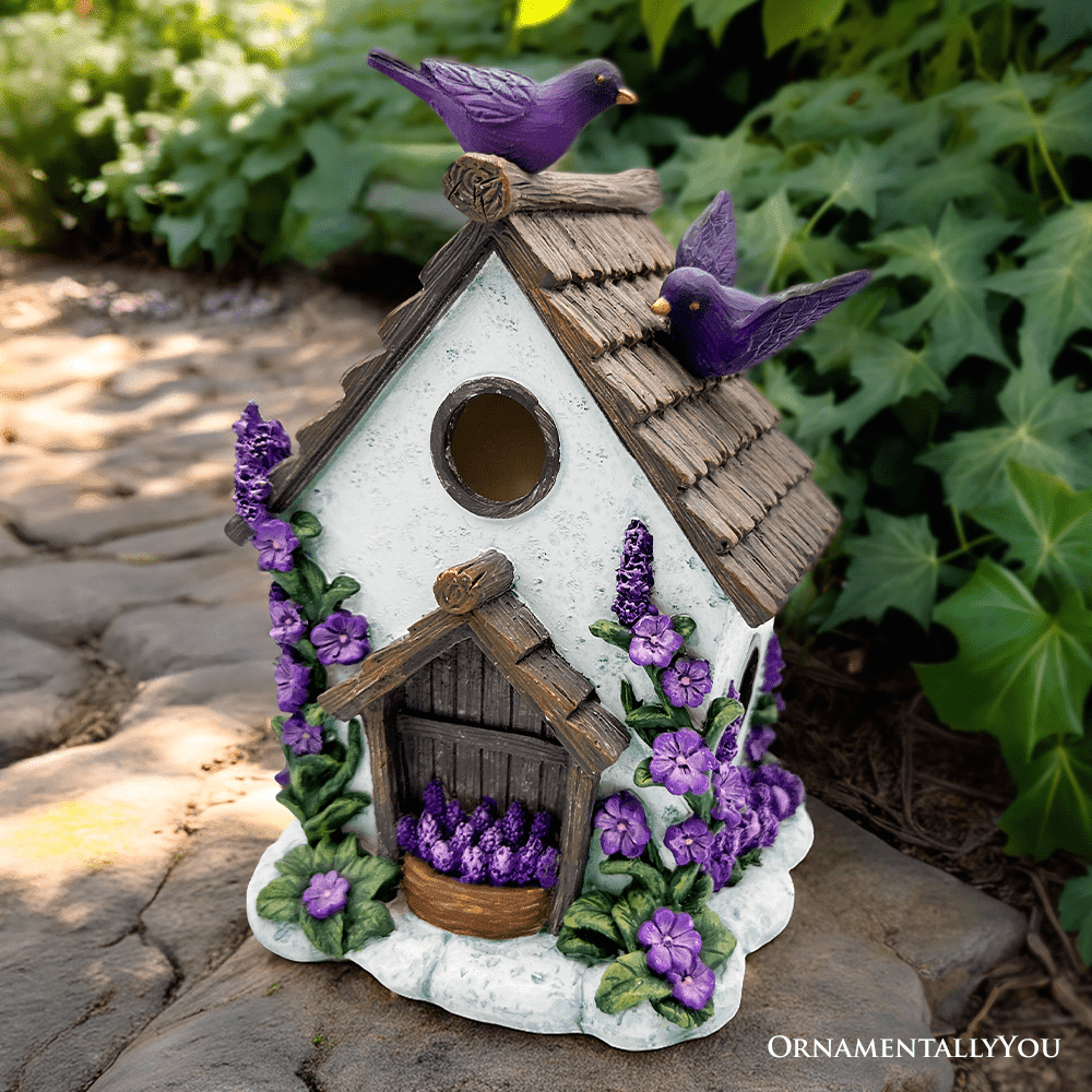 Lovely Floral Lavender Bird House Figurine, 7" Novelty Cottage Garden ...