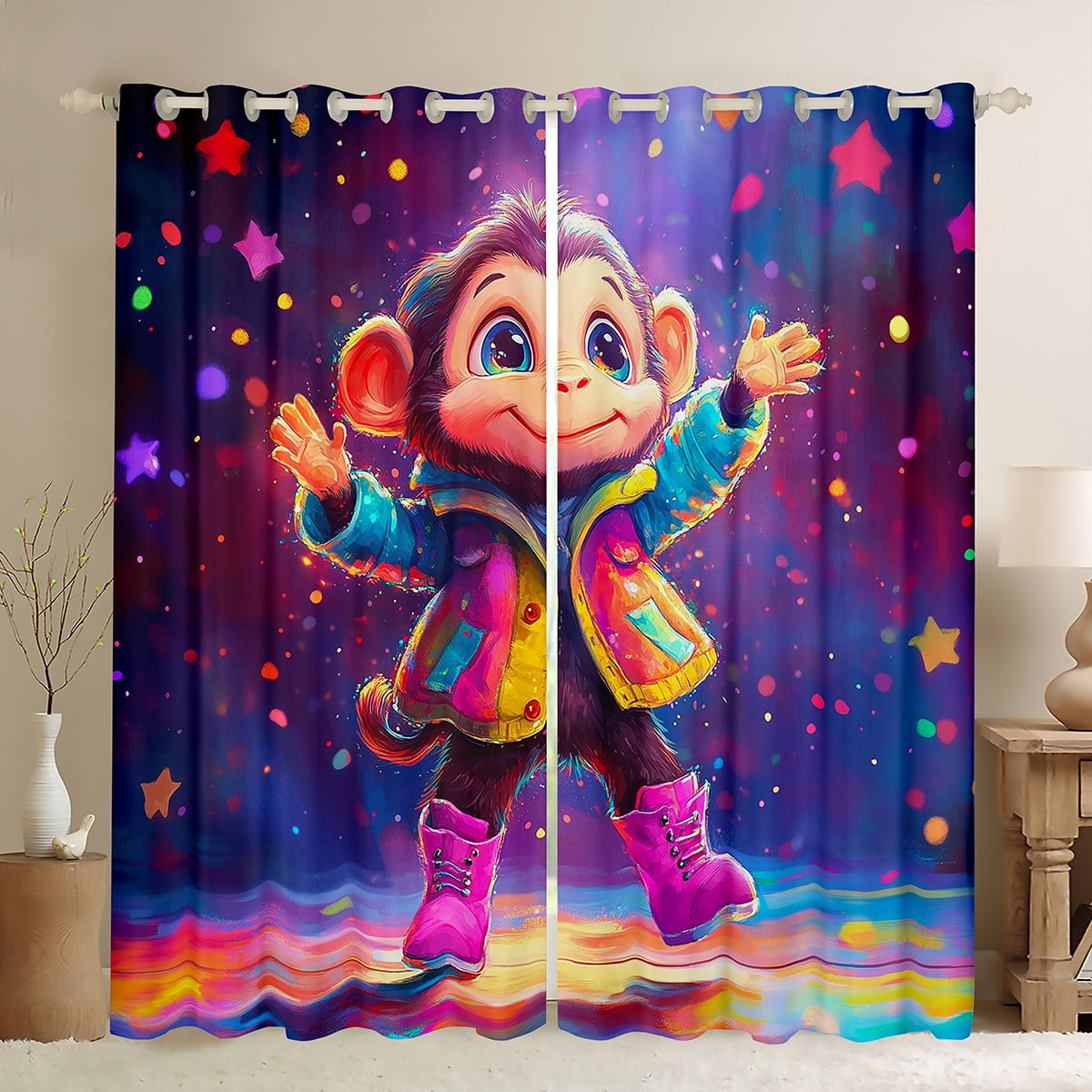 Lovely Monkey Window Curtains Geometry Star Dots Print Window Treatments Kawaii Monkey Wildlife ...