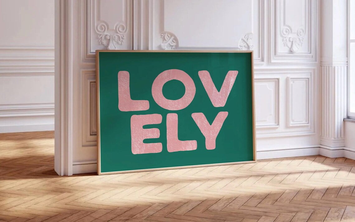 Lovely Pink Green Wall Art, Lovely Typography Print, Retro Trendy Bold ...