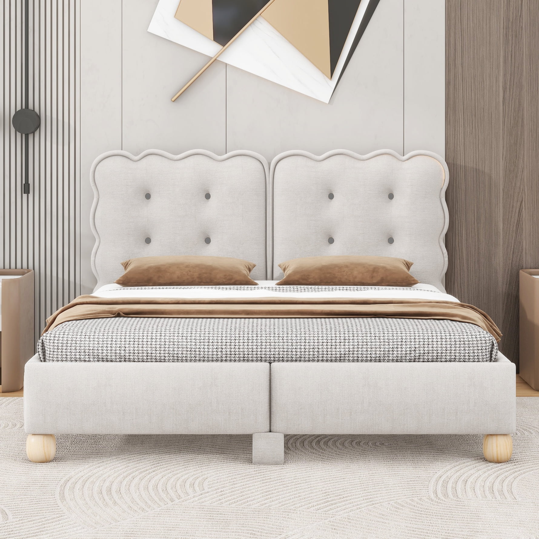 Lovely Queen Size Upholstered Platform Bed with Biscuit Shaped Linen ...