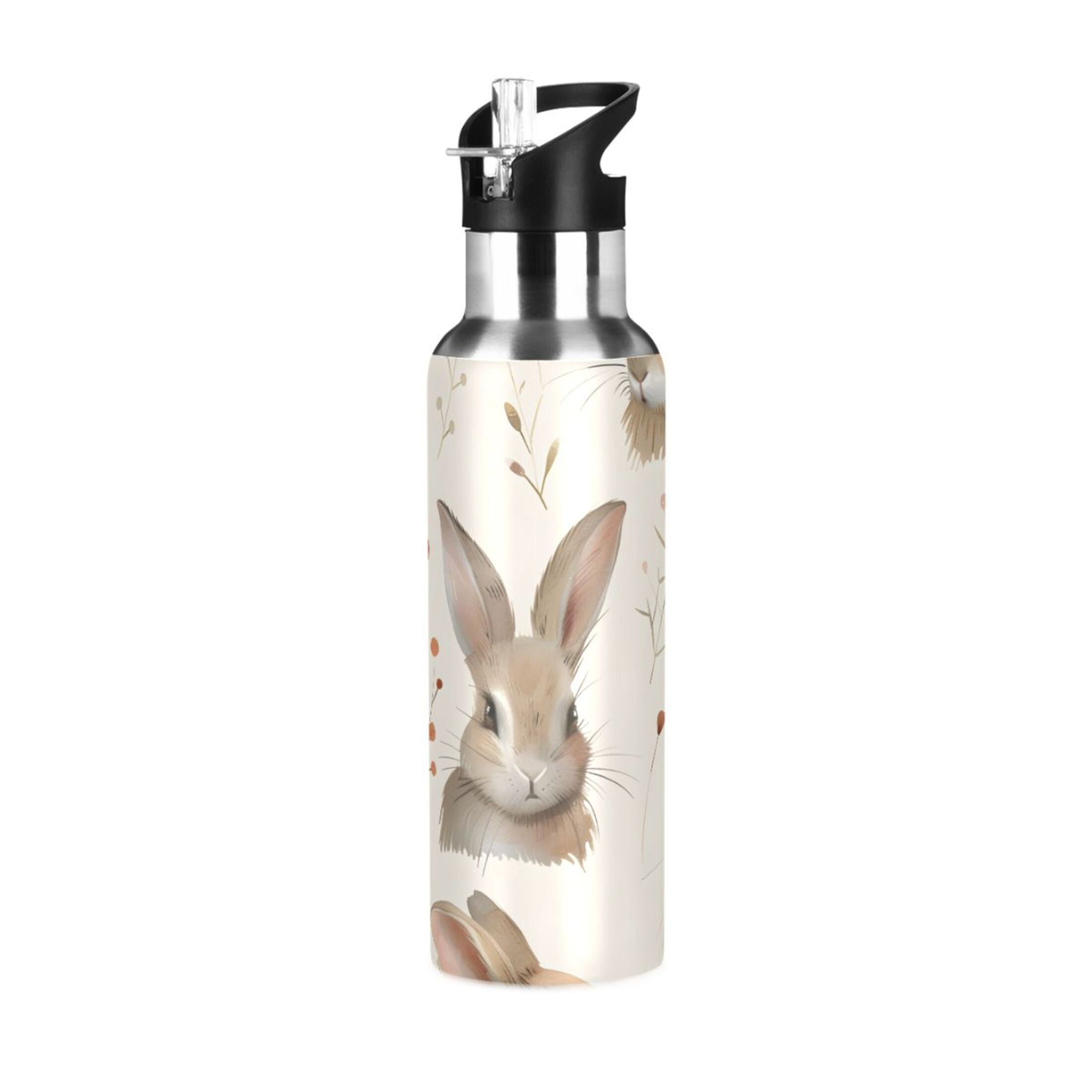 Lovely Rabbits with Leaves Cartoon Style Sports Bottle with Straw ...