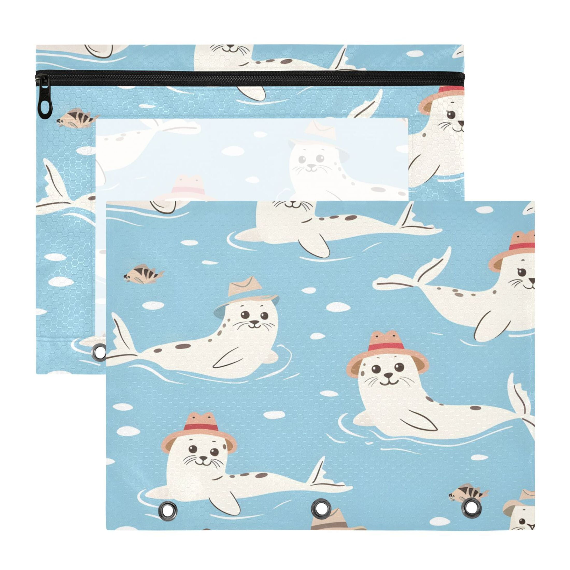Lovely Seals Wearing Hats Cartoon 3-Ring Binder Pouches A4 Size Zipper ...