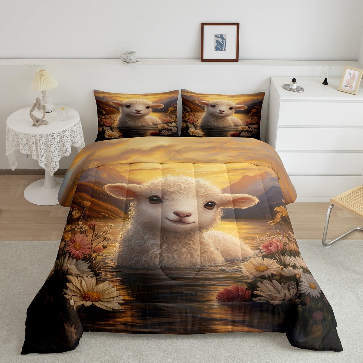 Lovely Sheep Comforter Set Full Size,Daisy Flowers Mountain River ...