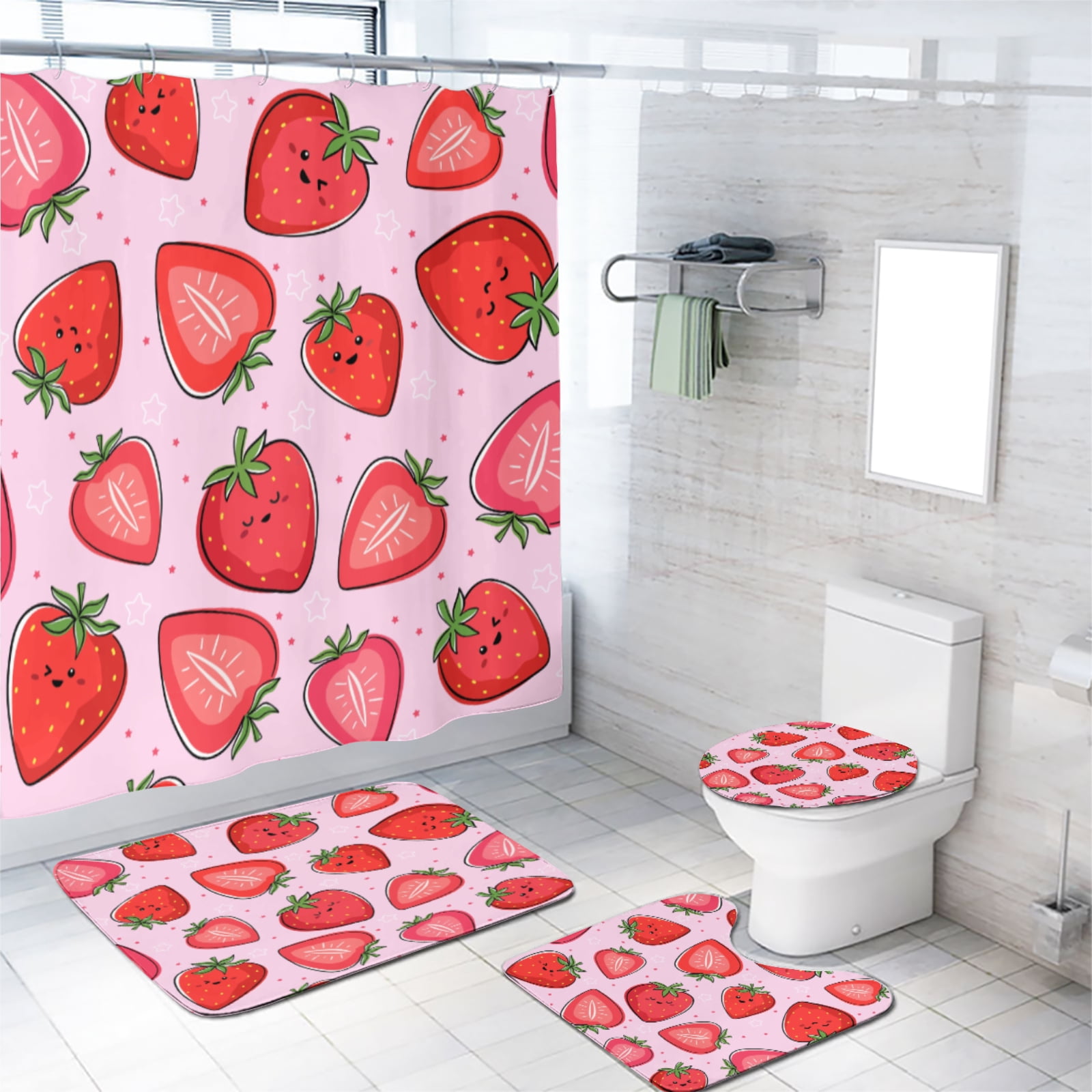 Lovely Strawberry Bathroom Sets with Shower Curtain and Rugs and ...